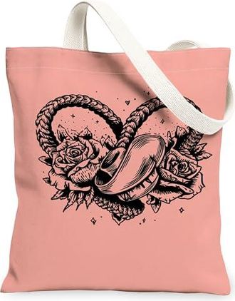 Generic Sacs fourre-tout romantiques en toile &agrave; motif floral vintage, motif coeur rose, sacs d&eacute;picerie r&eacute;utilisables, l&eacute;gers et lavables avec bandouli&egrave;re, p&ecirc;c