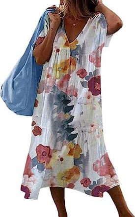 ORANDESIGNE Robes en Lin Femme Col en V Robes de Plage Couleur Unie A-Ligne à Manches Courtes Robe Longue Boho Robe Dété Midi Dress Grande Taille B Rouge 3XL