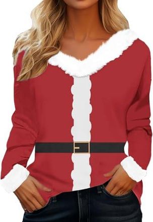 Generic Sweat-shirt de No&euml;l pour femme avec bordure en fausse fourrure et col en V - Pull de No&euml;l graphique - Tenue de vacances avec col en peluche et poignet