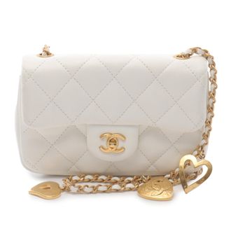 Chanel White Mini Rectangular Quilted Lambskin Heart Charms Flap