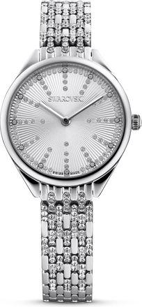 Swarovski Attract Uhr, Edelstahl Damenuhr mit Silberfarbenem Geh&auml;use, Wei&szlig;em Zifferblatt, Swarovski Kristallen und Metallarmband