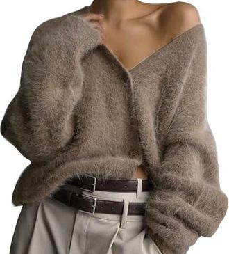 Generic Cardigan en Fourrure pour Femme, Pull Ample et Moelleux, avec Boutons, col en V, pour Le Printemps