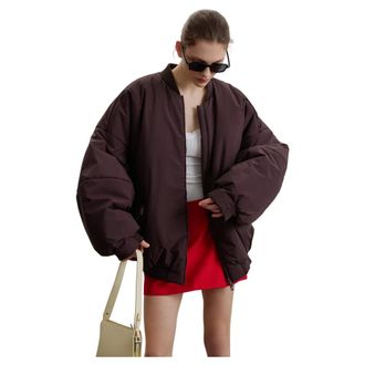 Estro & Luminara Femme, Vestes, Brun, Taille: 42 FR Blouson bomber court oversize &agrave; col montant