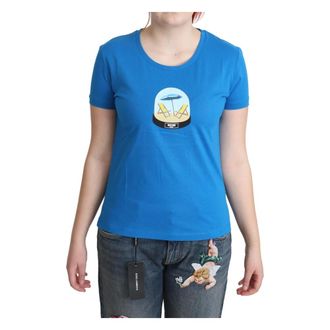 Moschino Femme, Tops, Bleu, Taille: 36 FR T-shirt en Coton Bleu Chic avec Impression Iconique