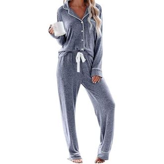Generic Ensemble de pyjama 2 pi&egrave;ces &agrave; manches longues boutonn&eacute;es pour femme, col crant&eacute;, v&ecirc;tements de nuit, v&ecirc;tements de nuit doux, bleu, 3XL