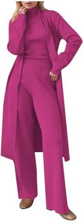 Generic Printemps Automne 3 Pi&egrave;ces Femmes Cardigan Surv&ecirc;tements Pantalon Tricot&eacute; Ensemble Pull Costume Mode Ensemble 3 Pi&egrave;ces (Red, One Size)