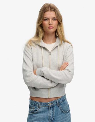 Superdry Essential - Cropped-Kapuzenjacke in meliertem Gletschergrau mit Logo