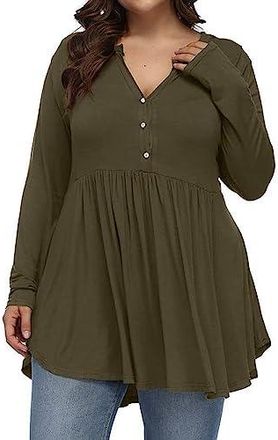 Generic Chemise basique unie à manches longues pour femme - Col en V - Bouton plissé - Couleur unie - Grande taille - Cadeau de Noël, Jn, XL