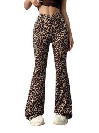 SOLY HUX Damen Hosen Elegant Schlag Leggings Leoparden Flarehose Hohe V Taille Freizeithose Figurbetonte Schlaghose Yogahose Herbst Outfit Leoparden L
