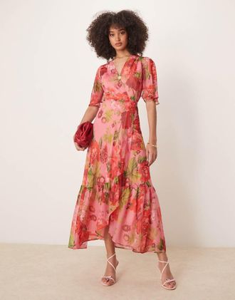 Hope & Ivy Robe portefeuille longue &agrave; manches &eacute;vas&eacute;es et liens &agrave; la taille - Rouge multicolore