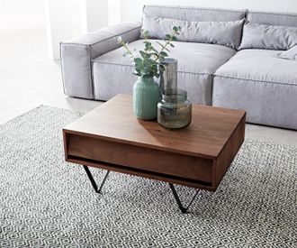 DELIFE Couchtisch Eloi 80x60 cm Akazie Braun 2 Schubf&auml;cher V-Fu&szlig; Schwarz, Couchtische