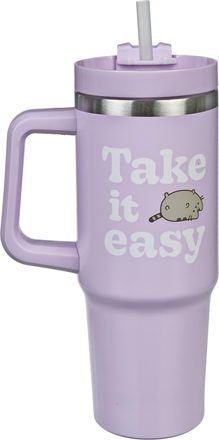 Undercover Pusheen Isolierbecher mit Strohhalm - 880ml Fassungsvermögen - Edelstahl Trinkbecher mit Handgriff - BPA frei, Lila