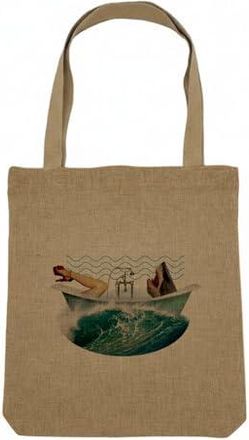 Fabulous Sac Shopping Tote Bag Aspect Lin - Requin Baignoire Collage Art Surr&eacute;alisme Humour - Sac de Courses Toile Epaisse 360g Beige Naturel Cabas Port&eacute; Epaul