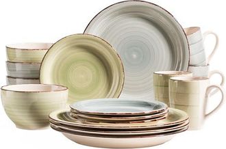 Mäser 931603 Bel Tempo II 16-teiliges Vintage Geschirr Set für 4 Personen Blau, handbemaltes Keramik Kombiservice, Steingut, Rauchblau/Grün