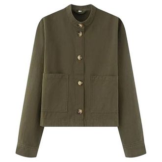 Generic Blouson bomber &agrave; &eacute;paules tombantes pour femme, col rond, manteau en coton, v&ecirc;tements dext&eacute;rieur avec poches, vert arm&eacute;e, taille XS