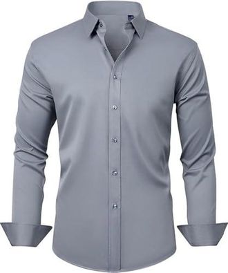 Generic Chemise habill&eacute;e extensible &agrave; manches longues pour homme - Chemise formelle boutonn&eacute;e pour le travail, les loisirs, les mariages, gris, 3XL