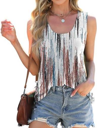 Generic D&eacute;bardeur d&eacute;t&eacute; &agrave; imprim&eacute; graphique pour femme, col rond, sans manches, coupe ample, d&eacute;contract&eacute;, plage, vacances, Blanc D., XL