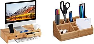 Relaxdays Monitorständer, aus Bambus, Bildschirmerhöhung mit 2 Schubladen & Ablagen, HBT 12x56x27cm, Natur & Schreibtischorganizer Bambus, Stifteköcher, 10 Fäch