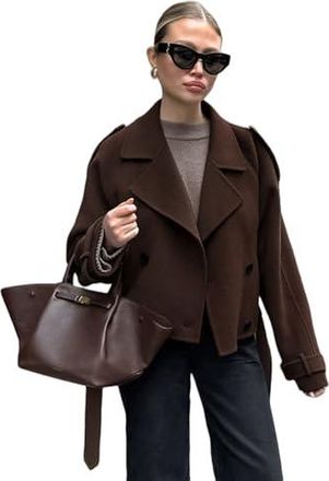 Generic Caban court d&eacute;contract&eacute; pour femme, veste courte boutonn&eacute;e pour lautomne et lhiver 2025, marron, M