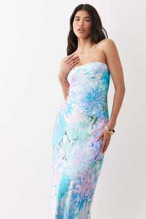 Forever New Tr&auml;gerloses Satin-Maxikleid mit blauem Blumenmuster