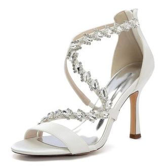 Generic Sandales À Talons Hauts Femmes Mariée Satin Open Toestylet Talons Eté Talon Mariage Soirée Chaussures Femmes 9.5Cm,Ivoire,39 EU