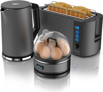 Arendo Wasserkocher mit Toaster und Eierkocher set Edelstahl Grau Wasserkocher 1,5L 40&deg; - 100&deg;C, Toaster 4 Scheiben LED-Display 6 Br&auml;unungsgrade - Arendo