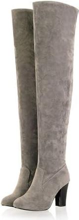 Generic Gris,40 EU,Bottes Cuissardes épaisses et Confortables pour Femmes, Bout Pointu, Talons carrés, pour soirée, Mariage, Fermeture éclair latérale, Bottes