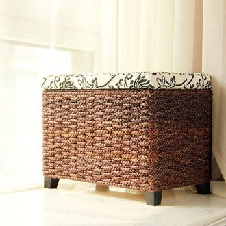 Generic Rustikale Stroh-Aufbewahrungsbank - Schuhbank Aus Massivholz Mit Gepolsterter Sitzfl&auml;che, Handgewebter Katzenschwanz-Ottomane for Schlafzimmer, Eingan