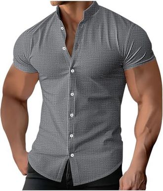 Generic Chemise en lin pour homme respirante unie boutonn&eacute;e &agrave; col montant intelligente classique l&eacute;g&egrave;re confortable d&eacute;contract&eacute;e &agrave; manches courtes pour l&eacute;t&eacute; e