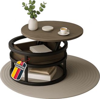 Coemo Couchtisch Swing Grau mit Verstellbarer Tischplatte & verdecktem Aufbewahrungsfach, Metall & Holz, Beistelltisch für Wohnzimmer, Sofatisch rund mit St