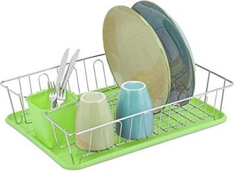 Relaxdays Abtropfgestell, HBT: 11,5 x 43 x 34 cm, Auffangschale, Besteckkorb, Geschirrständer, Metall & Kunststoff, grün