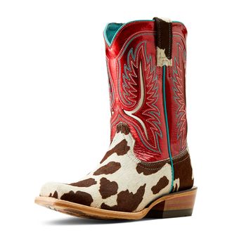 Ariat Womens Futurity Colt Narrow Cutter Toe Western Boot in Cowtown Hair On Ruby Red Patent, B Medium Width, Size 36, by Ariat