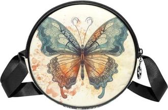 Generic Sac &agrave; bandouli&egrave;re rond pour femme, motif papillon vintage, petit sac &agrave; bandouli&egrave;re avec fermeture &eacute;clair, bretelles r&eacute;glables, sac &agrave; main rond d&eacute;contr
