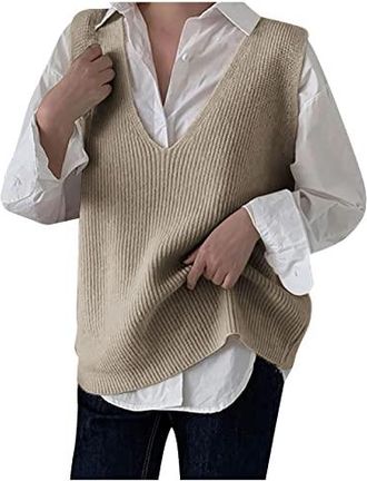 Generic Pull d&eacute;contract&eacute; sans manches avec col en V et maille c&ocirc;tel&eacute;e pour femme, a, Taille unique