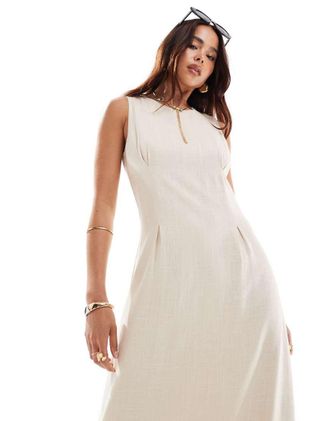 Selected Robe longue en lin m&eacute;lang&eacute; - Beige-Neutral