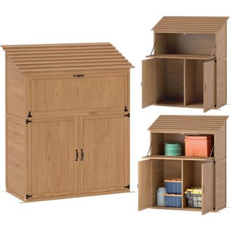 OUTSUNNY Gartenschrank Holz, Ger&auml;teschuppen mit Stufen-Pultdach Ablage klappbar Tisch Doppelt&uuml;ren 110 x 54 x 136 cm, wetterfest Ger&auml;teschrank, Ger&auml;tehaus