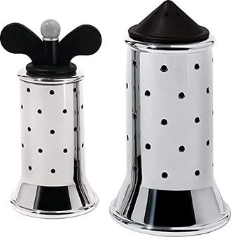 Alessi 9098 B - Design Pfeffermühle mit Rippen, Edelstahl und Thermoplastisches Harz, Schwarz & Salzstreuer aus Edelstahl mit Deckel und Verschluss aus PA, s