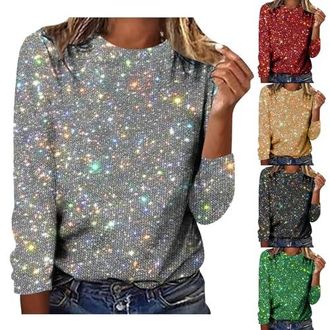 Generic Hauts à paillettes pour femme - Hauts scintillants pour femme, pull à col rond, sweat-shirt classique à manches longues, élégant et brillant, pull lég