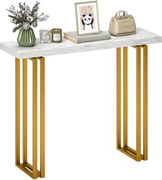 HOMCOM Table console - HOMCOM - avec plateau imitation marbre, structure en acier - style moderne et fin - 100 x 30 x 78,5 cm - blanc et or