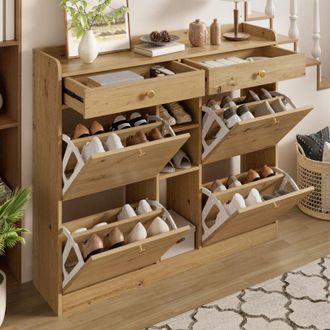 STILVORA Meuble &agrave; chaussures avec 4 Portes Abattantes, 2 Tiroirs et 3 Niches, Style Minimaliste, en Panneaux de Particules, 110&times;26&times;100 cm, Naturel