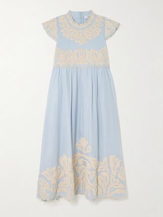 Sea New York Alexandra Midikleid Aus Baumwolle Mit Wellenkanten Und Stickereien - Blau