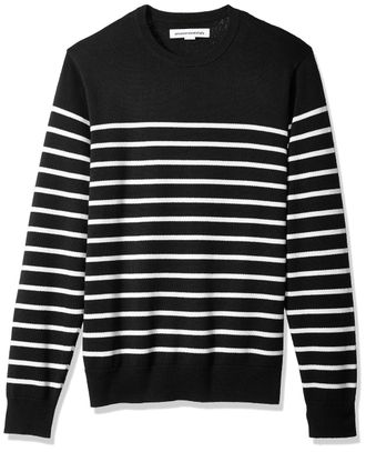 Amazon Essentials Herren Langärmliger Pullover Mit Rundhalsausschnitt, 100% Baumwolle, Erhältlich In Groß Und Schwer, Schwarz Weiß Platzierter Streifen, L