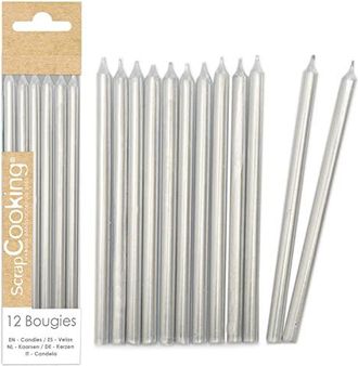 ScrapCooking 12x Lange Kerzen Silber 12 cm - Geburtstagskerzen fur Torten, Geburtstag - Geburtstagsdeko XXL Metallisch Kinder & Erwachsene, Geburtstagstorte Deko K