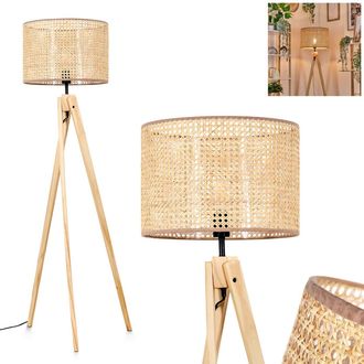 HOFSTEIN Stehleuchte Barcos, Stehlampe aus Holz/Rattan in Naturfarben, Leuchte im skandinavischen Design mit rundem Schirm (Ø 40cm) u. Fußschalter, Höhe 151 cm