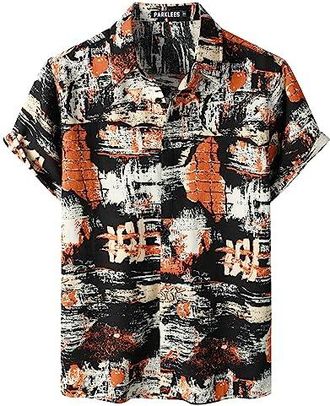 PARKLEES Chemise hawaïenne en coton et lin pour homme - Motif floral funky - Chemise de plage décontractée à manches courtes boutonnée, Noir/orange, L
