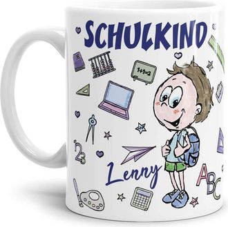 Tassendruck Einschulungs-Tasse Schulkind Junge - Name - ABC-Schütze/Schule / 1. Klasse/Geschenk zur Einschulung/Schul-klasse/Personalisiert/mit Name/Weiss