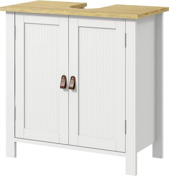 Kleankin Waschbeckenunterschrank, Waschtischunterschrank f&uuml;r Badezimmer, 2 T&uuml;ren, verstellbares Regal, 2 Einlegeb&ouml;den, PU-Griffe, 60 x 30 x 60 cm, Wei&szlig;