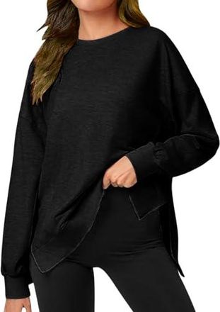 Generic Sweat-Shirt &agrave; col Rond pour Femme, Tunique Oversize &agrave; Manches Longues, Pull Ample avec Fente lat&eacute;rale, Collection Printemps-Automne, Noir, Taille L