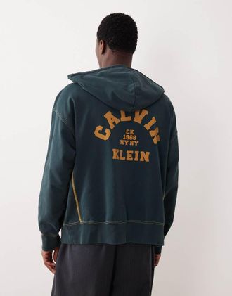 Calvin Klein Jeans Sweat &agrave; capuche zipp&eacute; de qualit&eacute; sup&eacute;rieure &agrave; logo vintage - Vert p&eacute;trole-Bleu marine