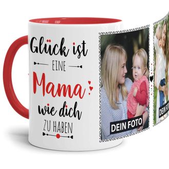 Tassendruck Fototasse mit Spruch f&uuml;r Mama - Gl&uuml;ck ist, jemanden wie Dich zu haben - zum Selbst gestalten mit 2 Fotos, Innen & Henkel Rot, 300 ml